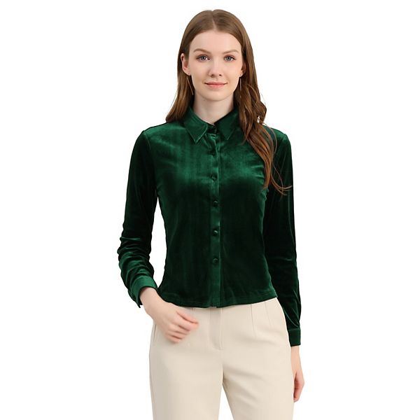 Women's Work Button Up Point Collar Long Sleeve Velvet Blouse