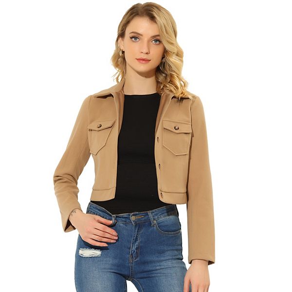 Women's Crop Coat Turn Down Collar Flap Pockets Button Down Winter Wool ...