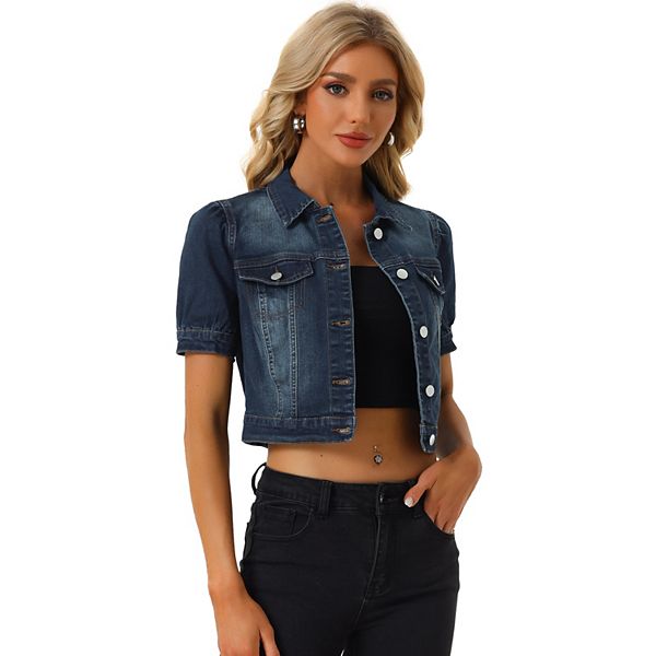 Women's Cropped Jackets Short Sleeve Button Down Washed Denim Jean Jacket