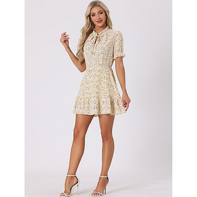 Women's Ruffle Floral Bow Tie Chiffon Short Sleeve Fit & Flare Dress