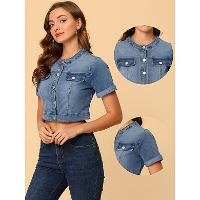 Women's Crew Neck Button Up Short Sleeve Crop Jean Denim Jackets