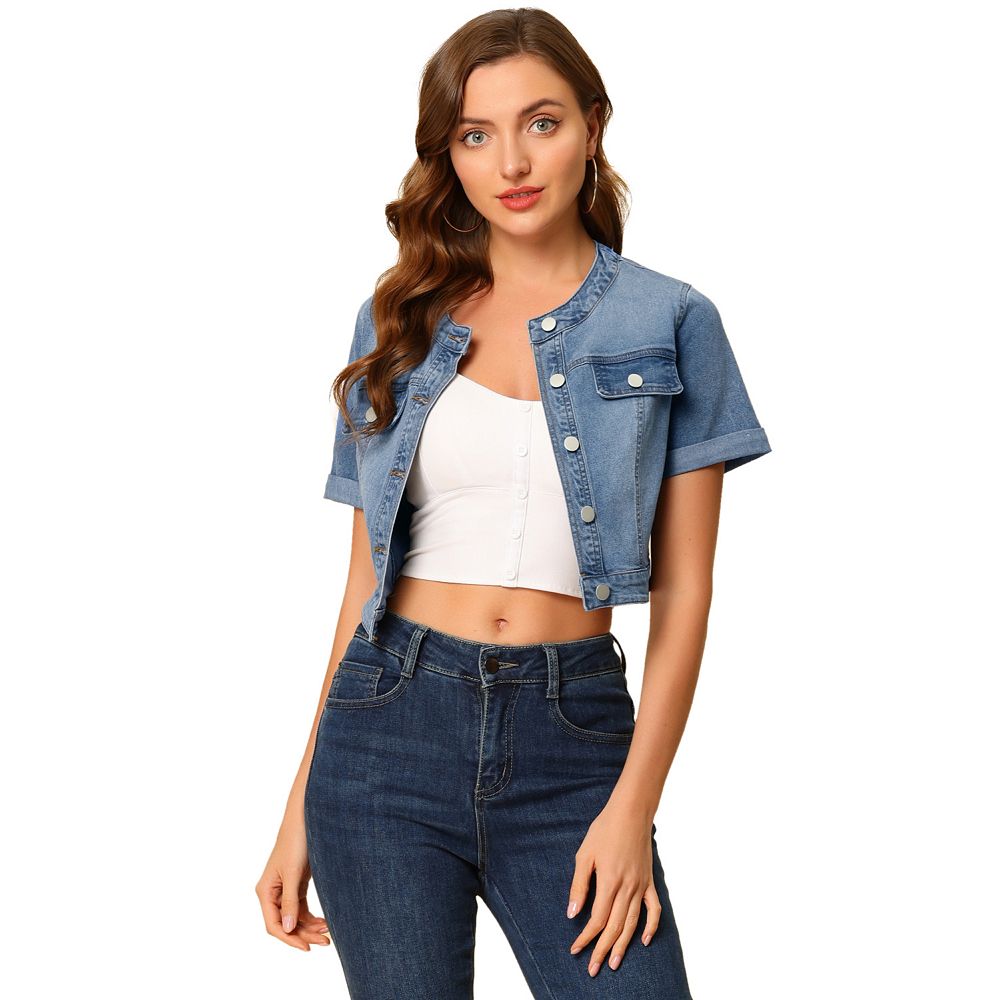 Women's Crew Neck Button Up Short Sleeve Crop Jean Denim Jackets