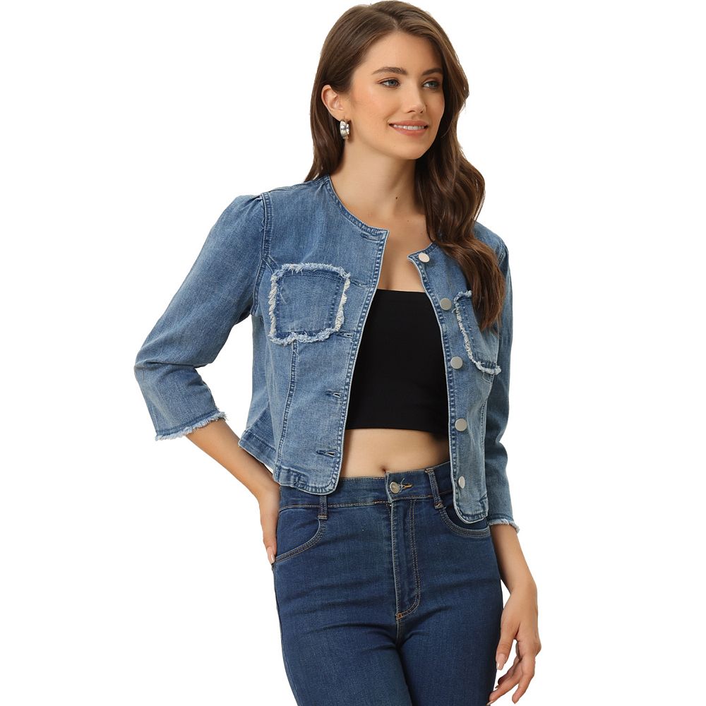 Denim Crop Jacket For Women's Round Neck 3/4 Sleeves Frayed Casual Jean ...