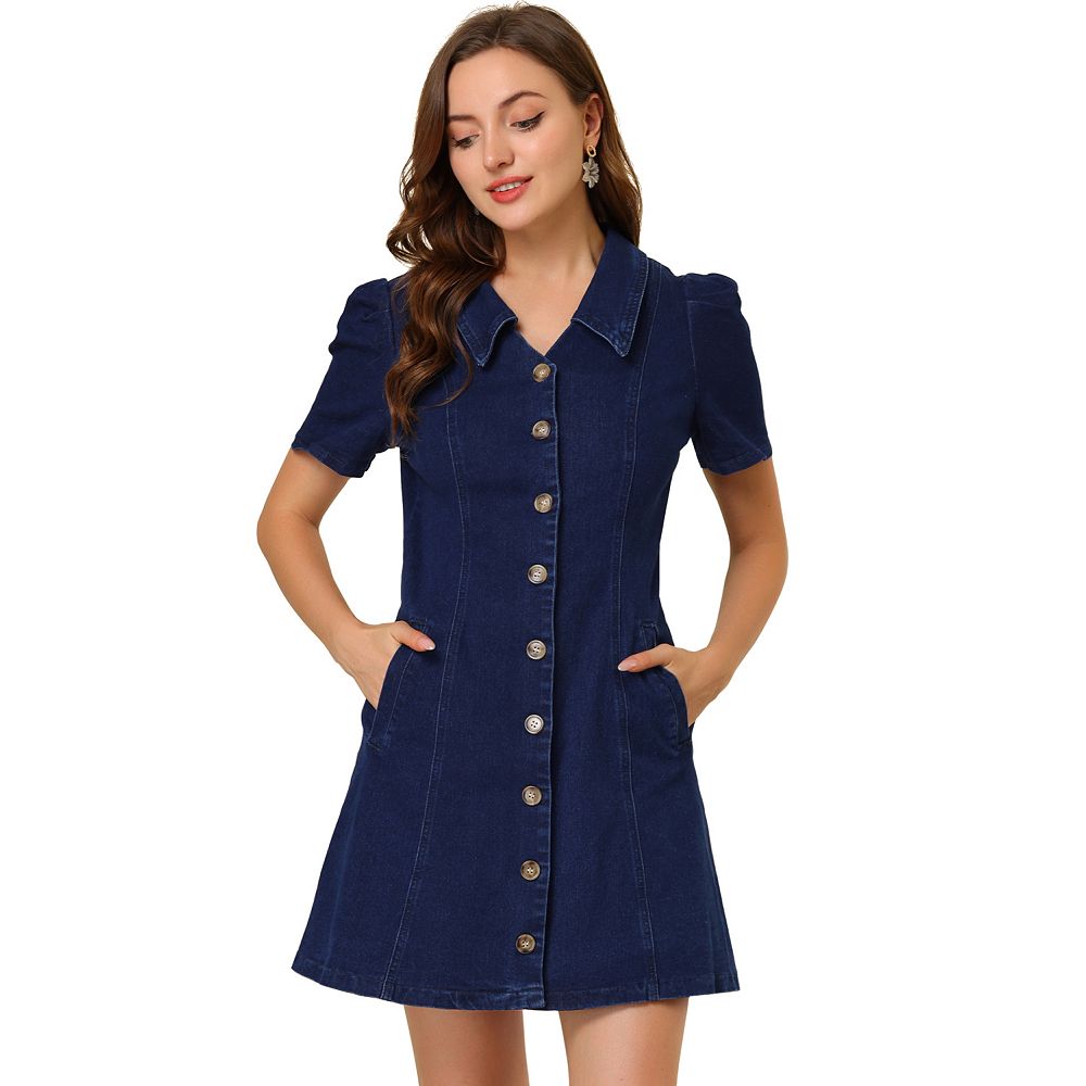 Women's Solid Color Turn Down Collar Fit & Flare Denim Dress