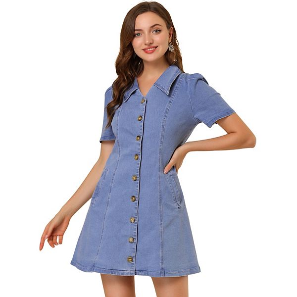 Women's Solid Color Turn Down Collar Fit & Flare Denim Dress