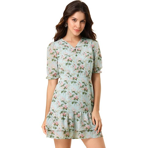 Women's Floral V Neck Keyhole Back A-Line Casual Ruffle Dress