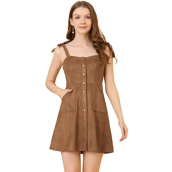 Women's Faux Suede A Line Short Button Up Overall Dresses