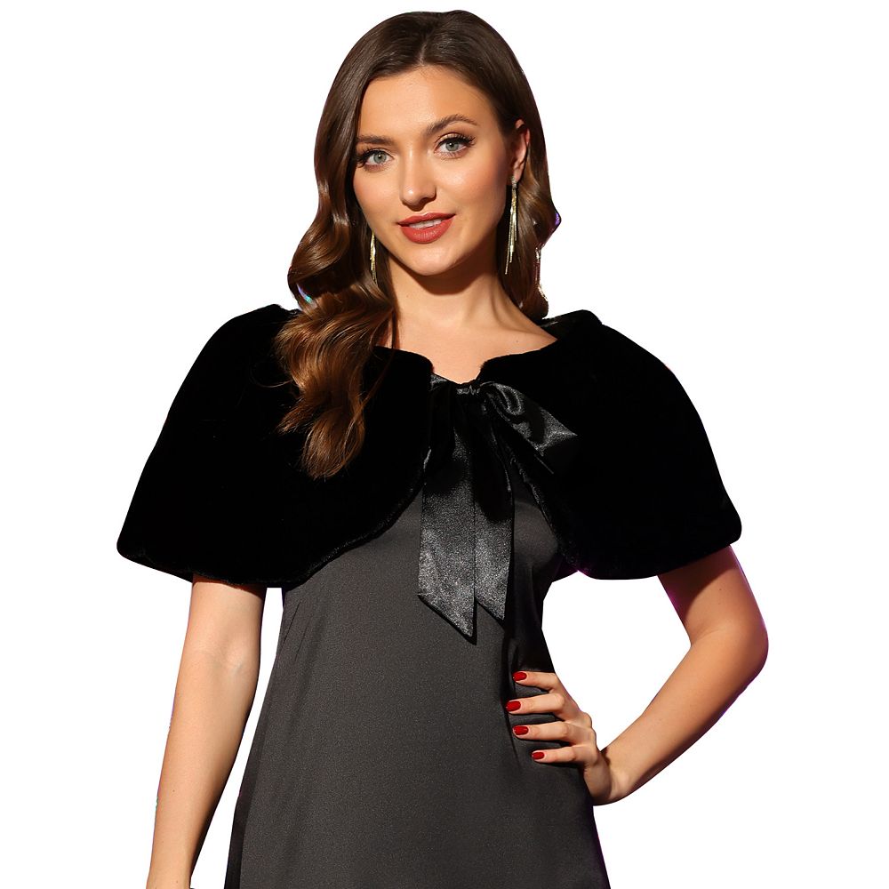 Women's Wedding Faux Fur Cropped Shrug Shawl with Bowknot Satin Ribbon
