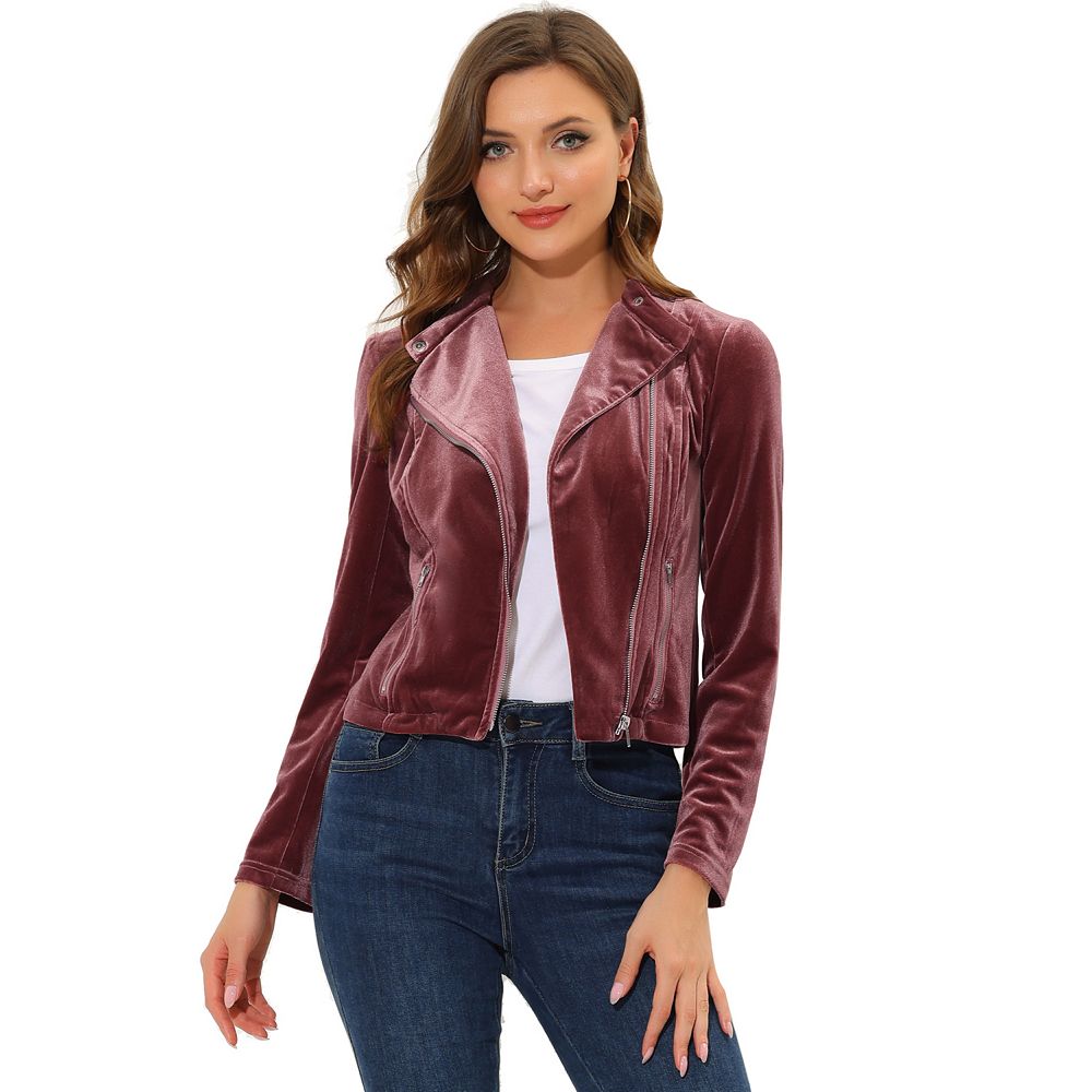 Women's Short Motorcycle Jacket Full Zip Long-Sleeve Solid Velvet Jackets