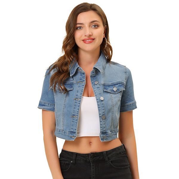 Women's Casual Short Sleeves Button Cropped Denim Jacket