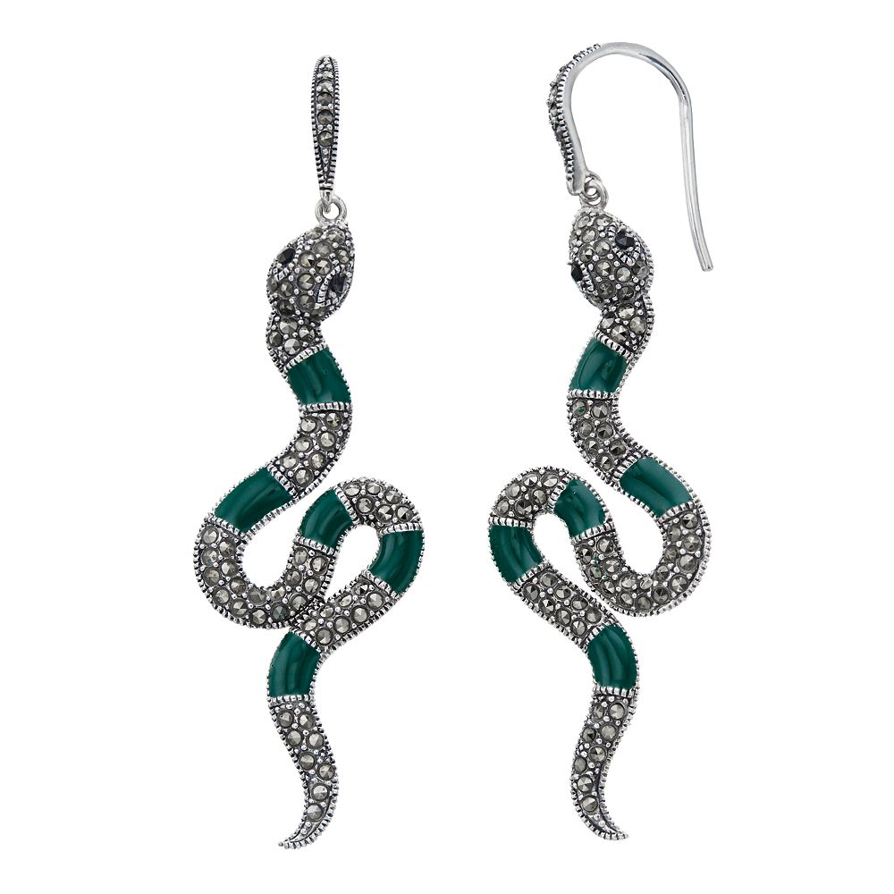 Lavish by TJM Sterling Silver Green Enamel with Black Spinel & Marcasite Serpent Drop Earrings