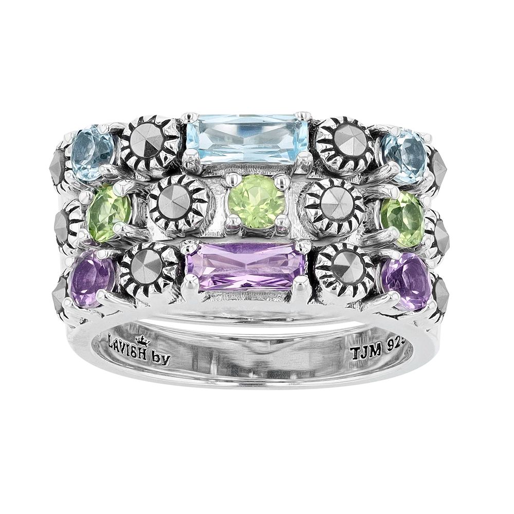 Lavish by TJM Sterling Silver Multi-Gemstone 3-Piece Stack Ring Set