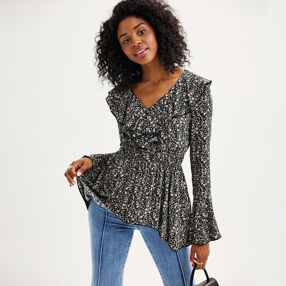 Juniors' SO® Floral Ruffle Tunic Top