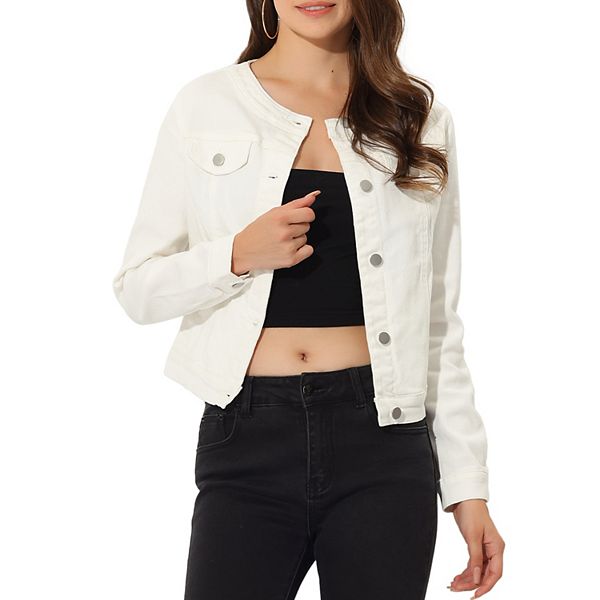 Women's Button Down Collarless Long Sleeve Cropped Denim Jacket