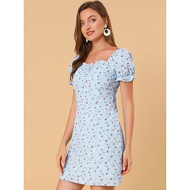 Women's Floral Puffy Sleeve Sweetheart Neckline Ruched Front Ruffled Dress