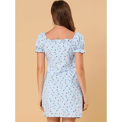 Women's Floral Puffy Sleeve Sweetheart Neckline Ruched Front Ruffled Dress