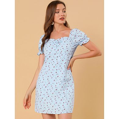 Women's Floral Puffy Sleeve Sweetheart Neckline Ruched Front Ruffled Dress