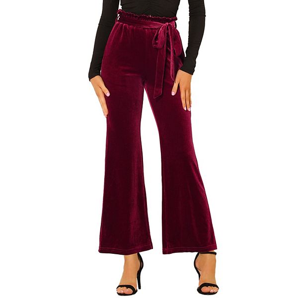 Womens Velvet Pants Tie Waist Stretchy Wide Leg Pants With Pockets