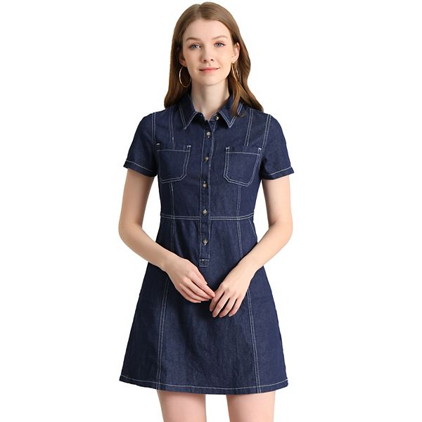 Women's Elegant Denim Collared Short Sleeve Summer Dress