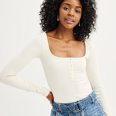 Juniors' SO® Hook-and-Eye Long Sleeve Ribbed Bodysuit