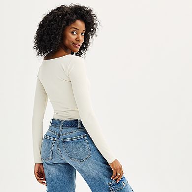 Juniors' SO® Hook-and-Eye Long Sleeve Ribbed Bodysuit