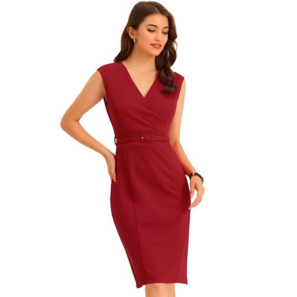 Pencil Dress For Womens Sleeveless Wrap V Neck Belted Office Dresses