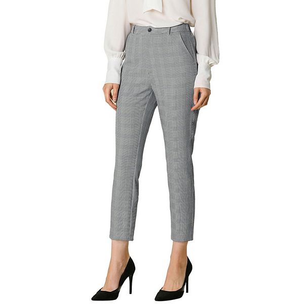 Women's High Elastic Waist Back Ankle Length Plaid Work Pants