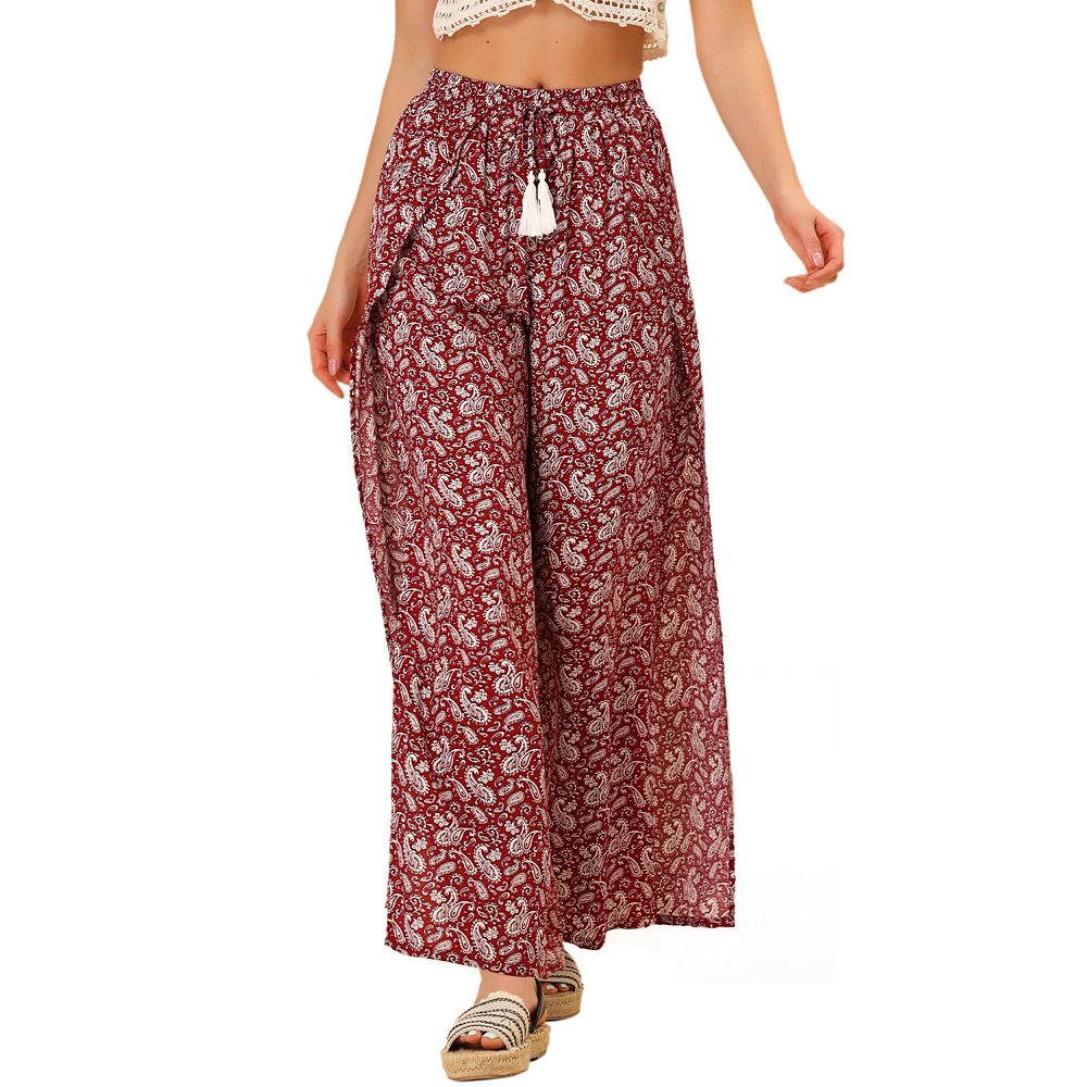 Women's Boho Tassel Drawstring High Split Paisley Wide Leg Pants