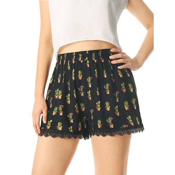 Women's Floral Printed Lace Trim Elastic Waist Shorts