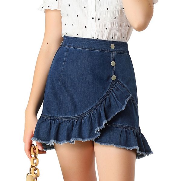 Women's Ruffle Hem Button Front Mini Denim Jeans Skirt