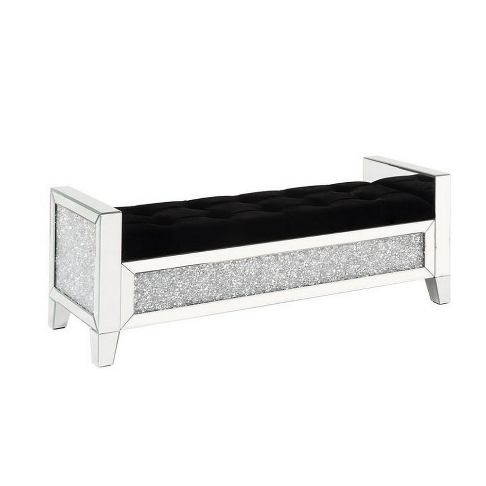Mirrored Bench with Faux Diamonds and Button Tufted Seat, Silver