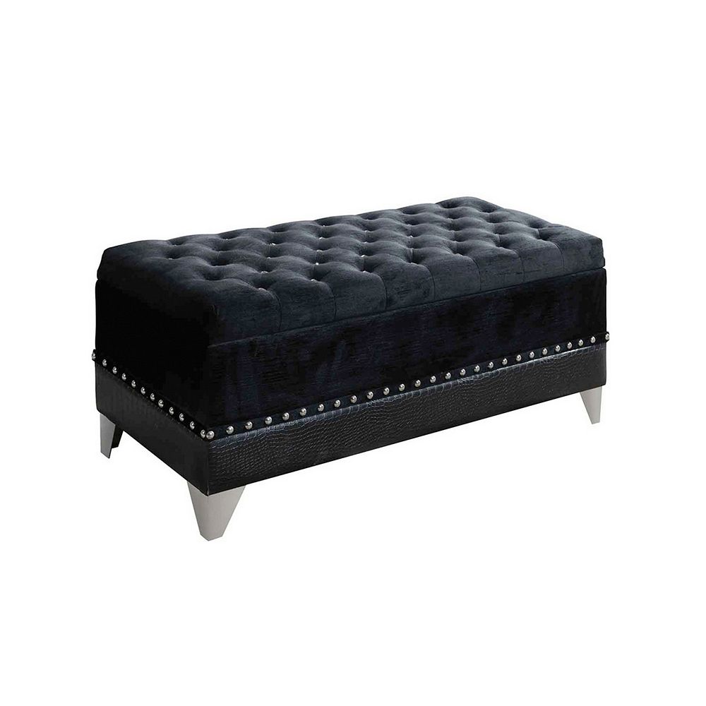 Leatherette Storage Bench with Nailhead Trims and Button Tufted Seat, Black