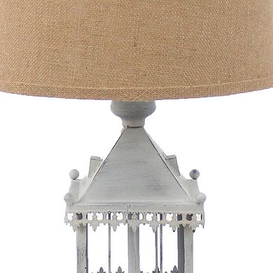 Metal Temple Design Base Table Lamp with Fabric Shade, Beige and Gray