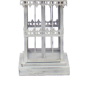 Metal Temple Design Base Table Lamp with Fabric Shade, Beige and Gray