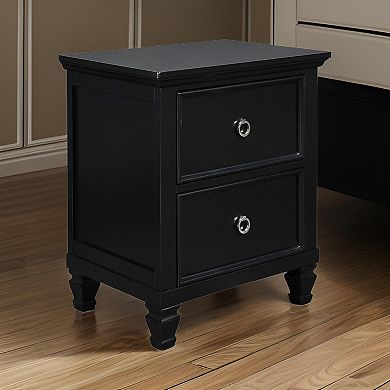Umi 2 Drawer Wooden Nightstand With Tapered Legs And Metal Rings, Black