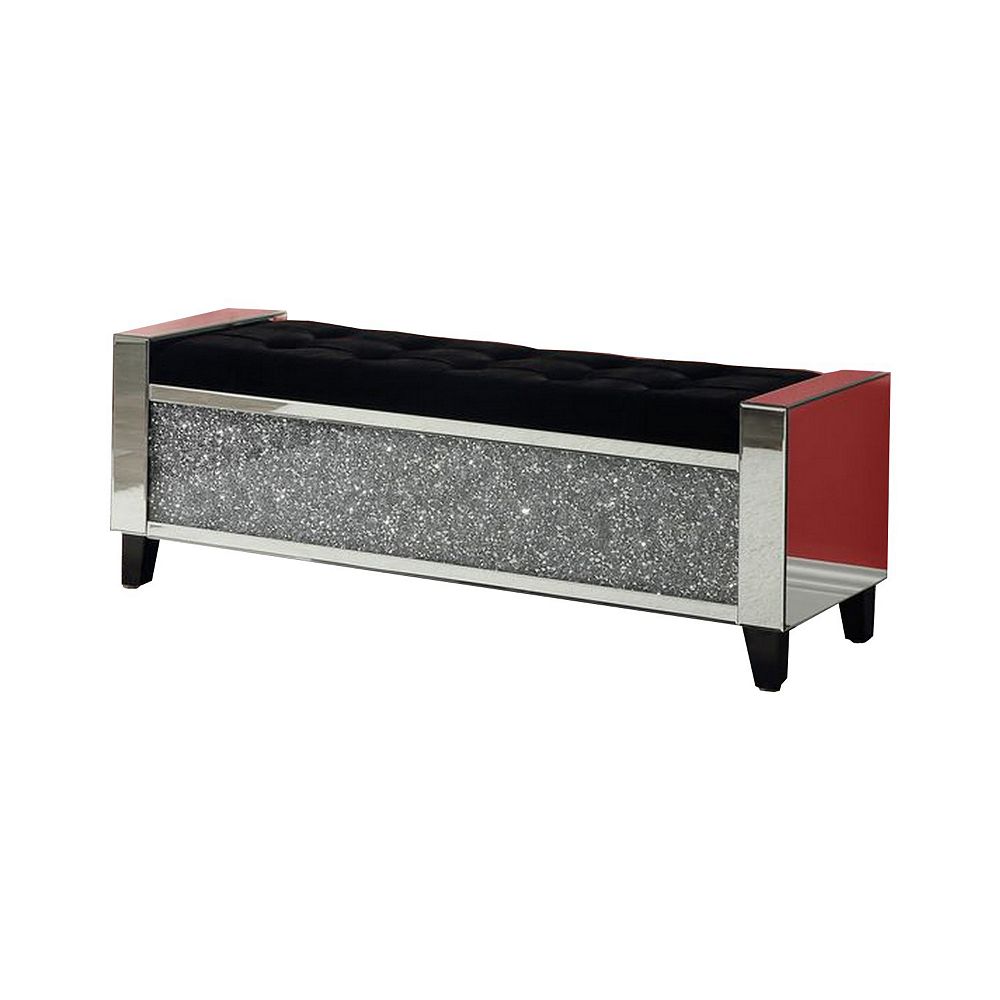 Mirrored Bench with Tufted Fabric Seat and Faux Diamonds, Silver