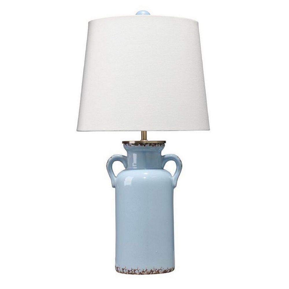 21 Inch Ceramic Table Lamp with Handles, White and Blue