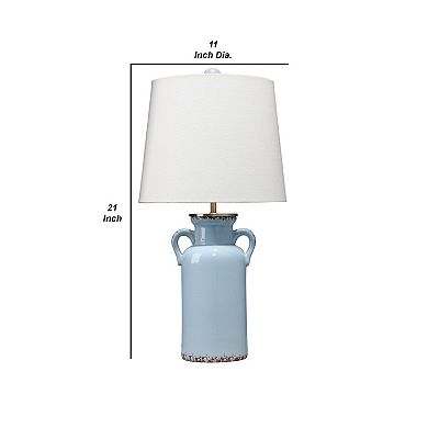 21 Inch Ceramic Table Lamp with Handles, White and Blue