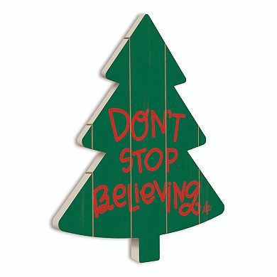 18" Green and Red "Don't Stop Believing" Christmas Tree Cutout Wall Decor