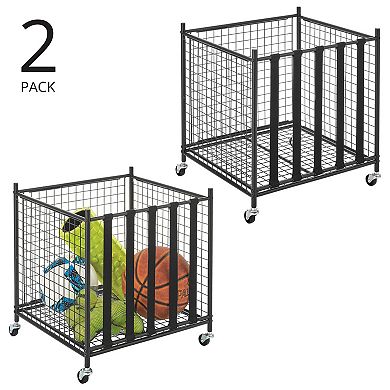 mDesign Metal Rolling Sports Equipment Storage Holder Rack - 2 Pack - Black
