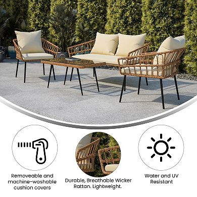 Merrick Lane Armon Four Piece Indoor/Outdoor Boho Open Weave Natural ...