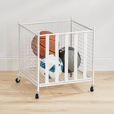 mDesign Metal Rolling Sports Equipment Storage Holder Rack, 4 Wheels ...