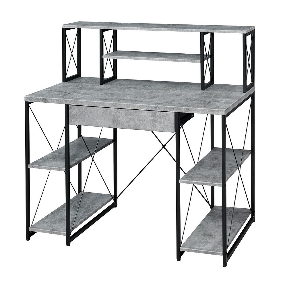Metal Desk with 4 Open Bottom Shelves and Bookcase Hutch, Gray and Black