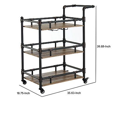 Rustic Three Tier Wood and Metal Serving Cart, Black and Brown