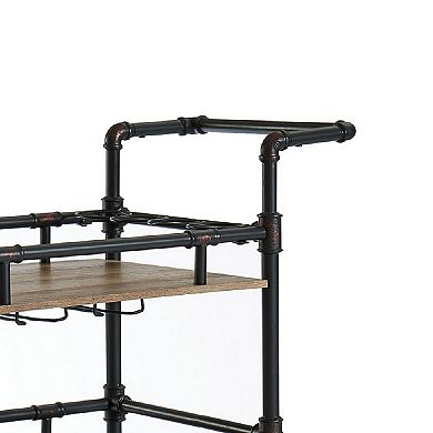 Rustic Three Tier Wood and Metal Serving Cart, Black and Brown