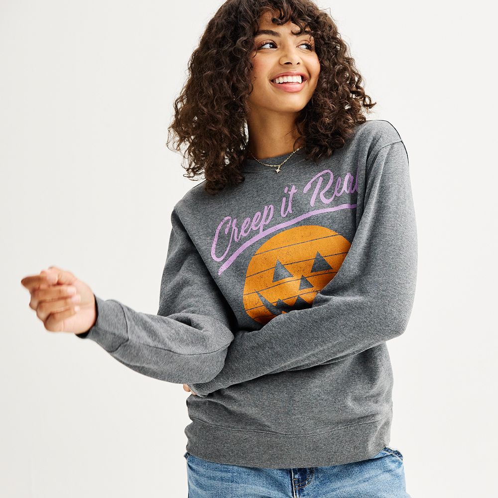 Juniors' Creep It Real Pumpkin Long Sleeve Fleece Graphic Pullover
