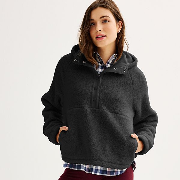 Juniors' SO® High Pile Hooded Snap Tunic Pullover Jacket