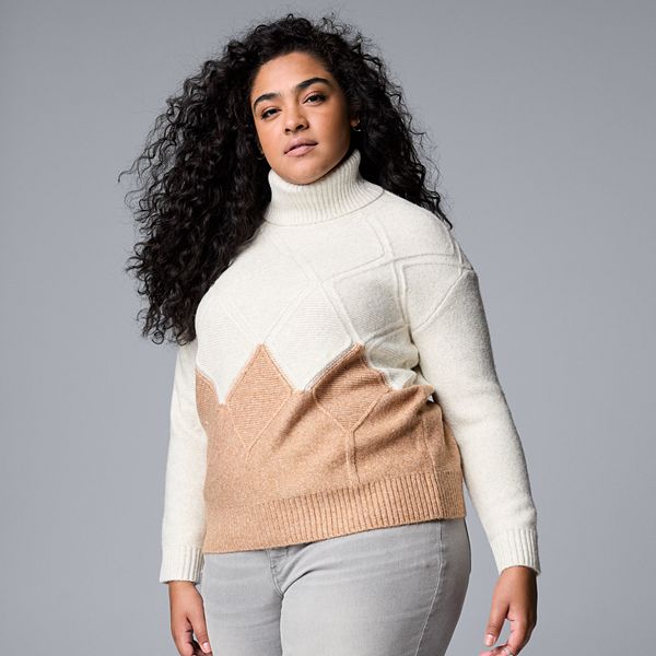 Plus Size Simply Vera Vera Wang Argyle Color Block Pullover Sweater