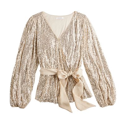 Women's LC Lauren Conrad Puff Sleeve Sequin Wrap Top