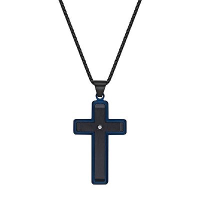 Men s Lynx Blue Black Ion Plated Stainless Steel Diamond Accent Cross Pendant Necklace Size 24